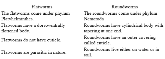 Differentiate between flatworms and roundworms.