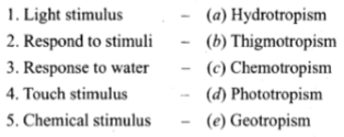 Match the following with the types of Tropisms in plants.