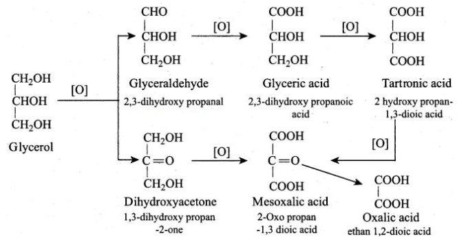 Explain about the oxidation reaction of Glycerol with different ...