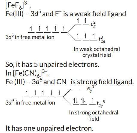 $\left[\mathrm{FeF}_6\right]^{3-}$ has five unpaired electrons while ...