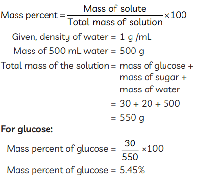 A solution contains 30 g of glucose, 20 g of sugar in 500 mL of water ...